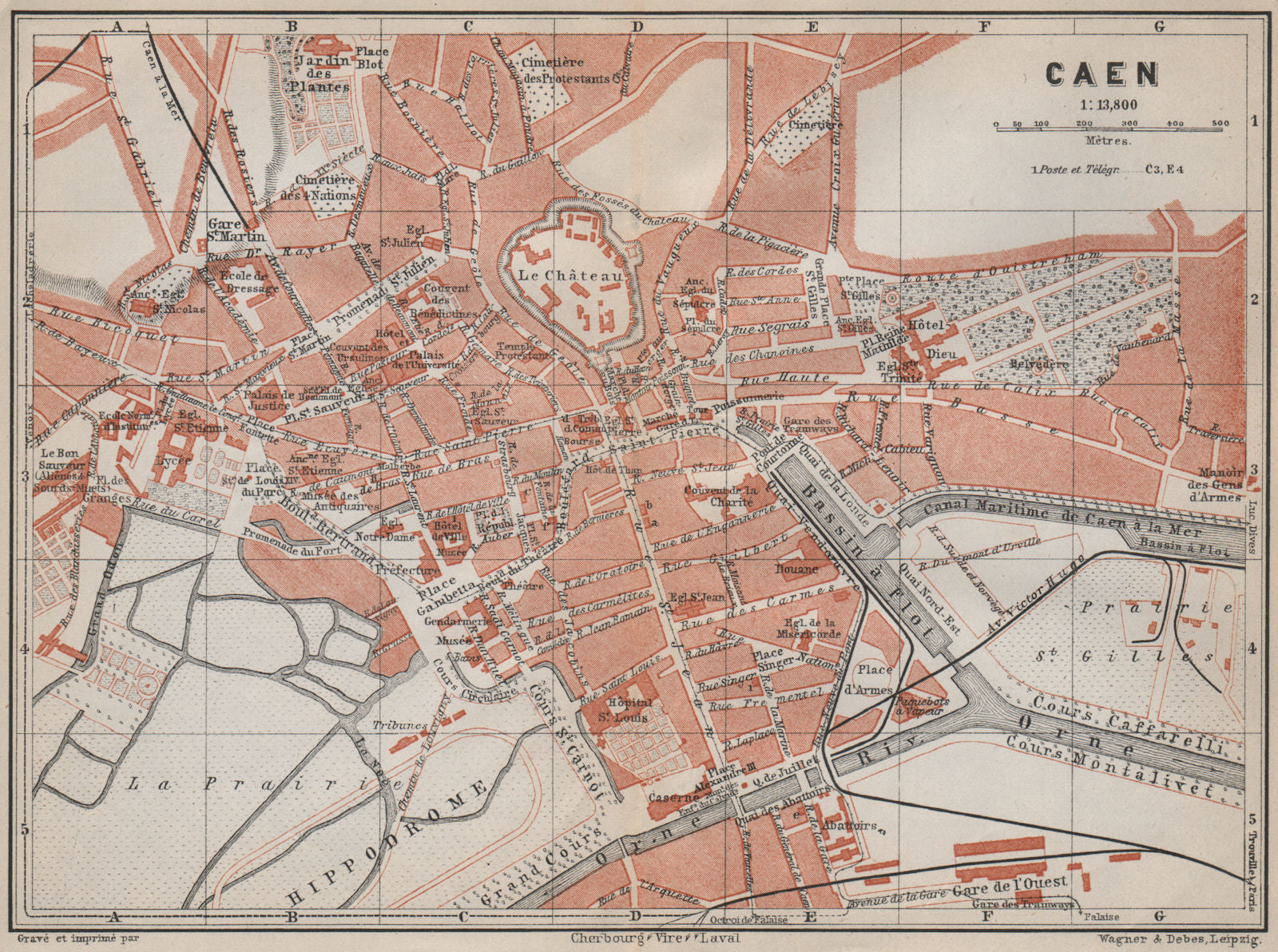 CAEN antique town city plan de la ville. Calvados carte. BAEDEKER 1910 ...