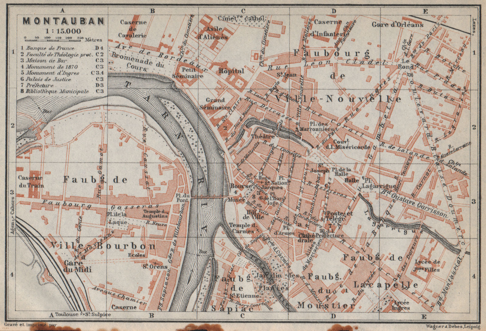 MONTAUBAN antique town city plan de la ville. Tarn-et-Garonne carte ...
