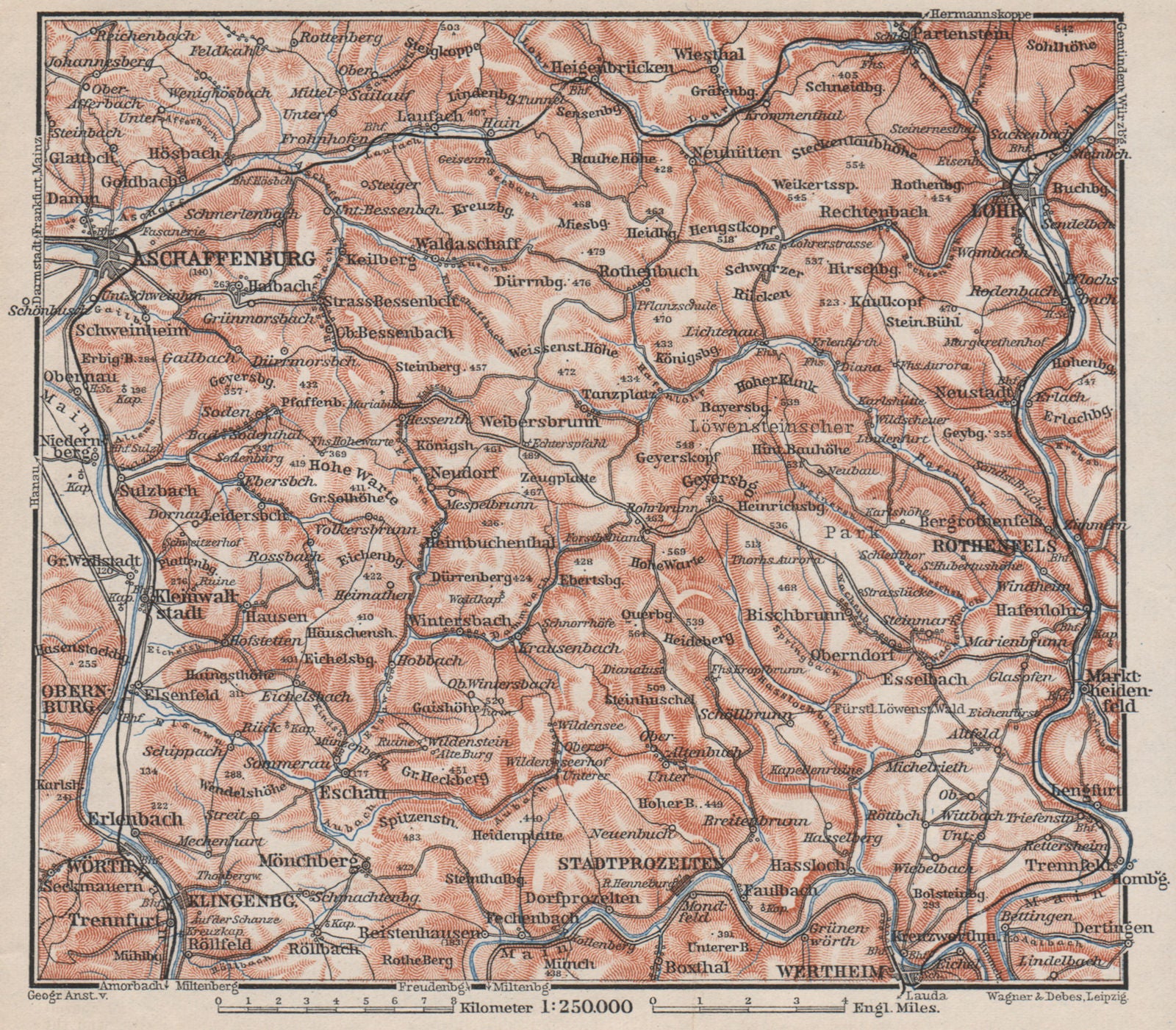 SPESSART topo-map. Aschaffenburg Lohr am Main Zertheim Geiersberg 1895 ...