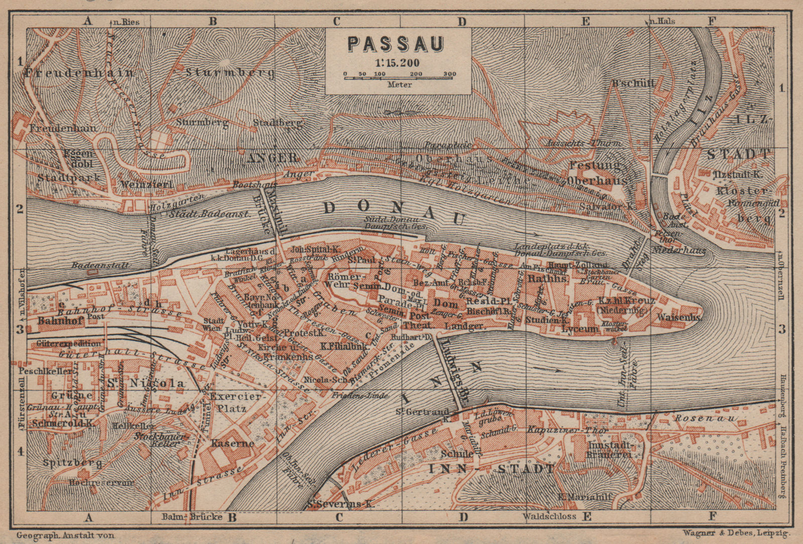 PASSAU town city plan stadtplan. Inn Donau/Danube. Germany Deutschland ...
