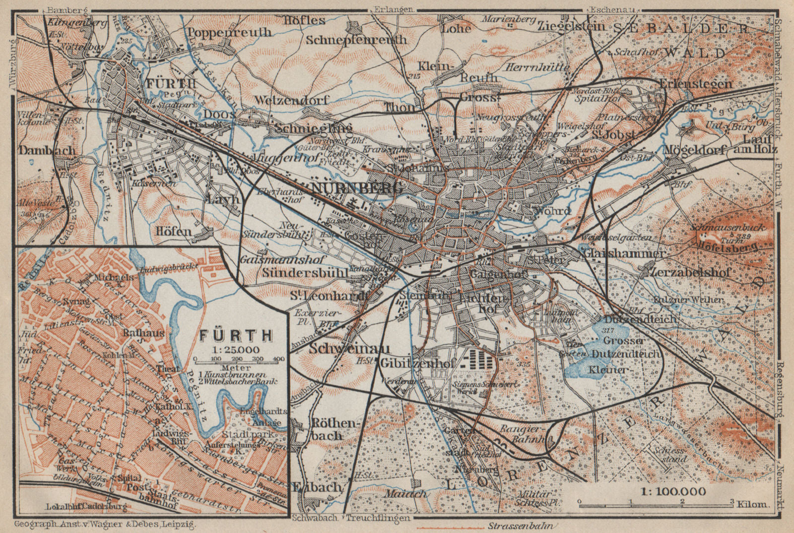 NÜREMBURG (NURNBERG) & FÜRTH town city stadtplan. Bavaria karte 1914 ...