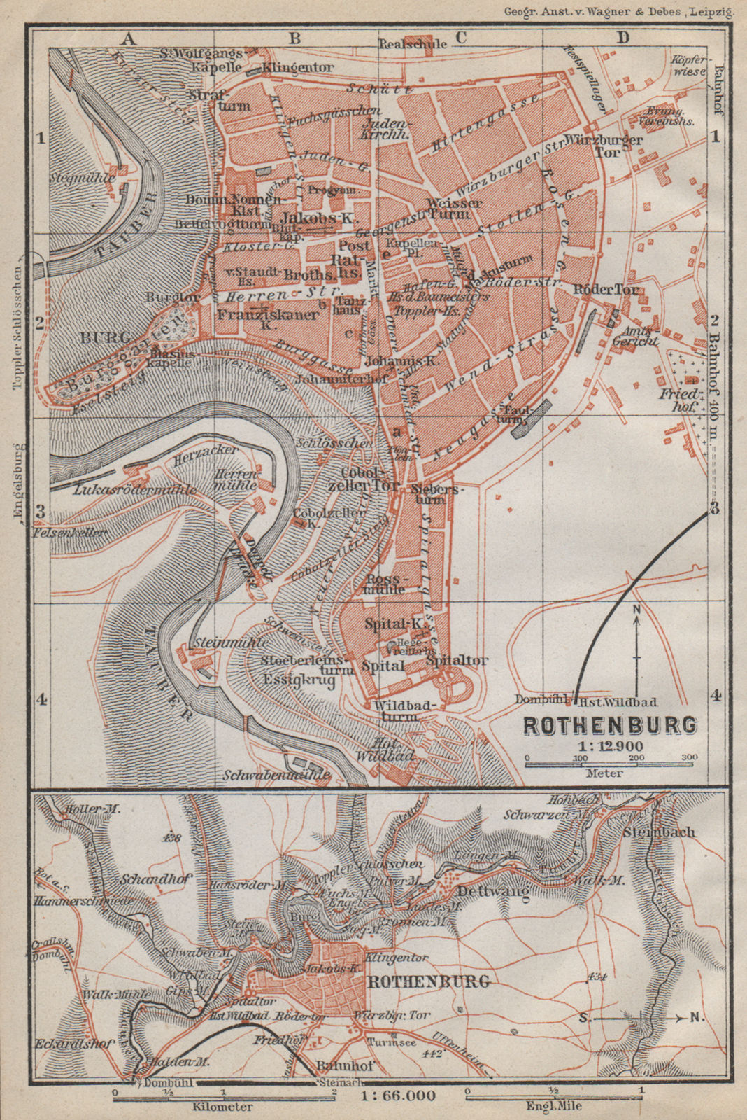 ROTHENBURG OB DER TAUBER town city stadtplan. Bavaria, Deutschland 1914 ...