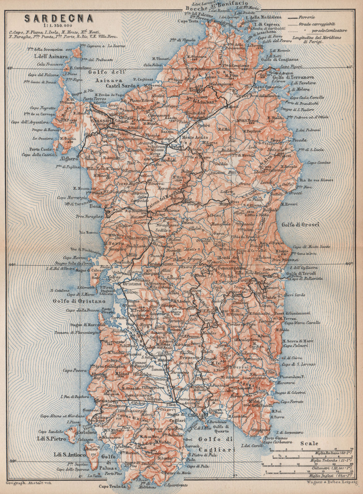 SARDINIA SARDEGNA. Italy mappa. BAEDEKER 1896 old antique plan chart ...