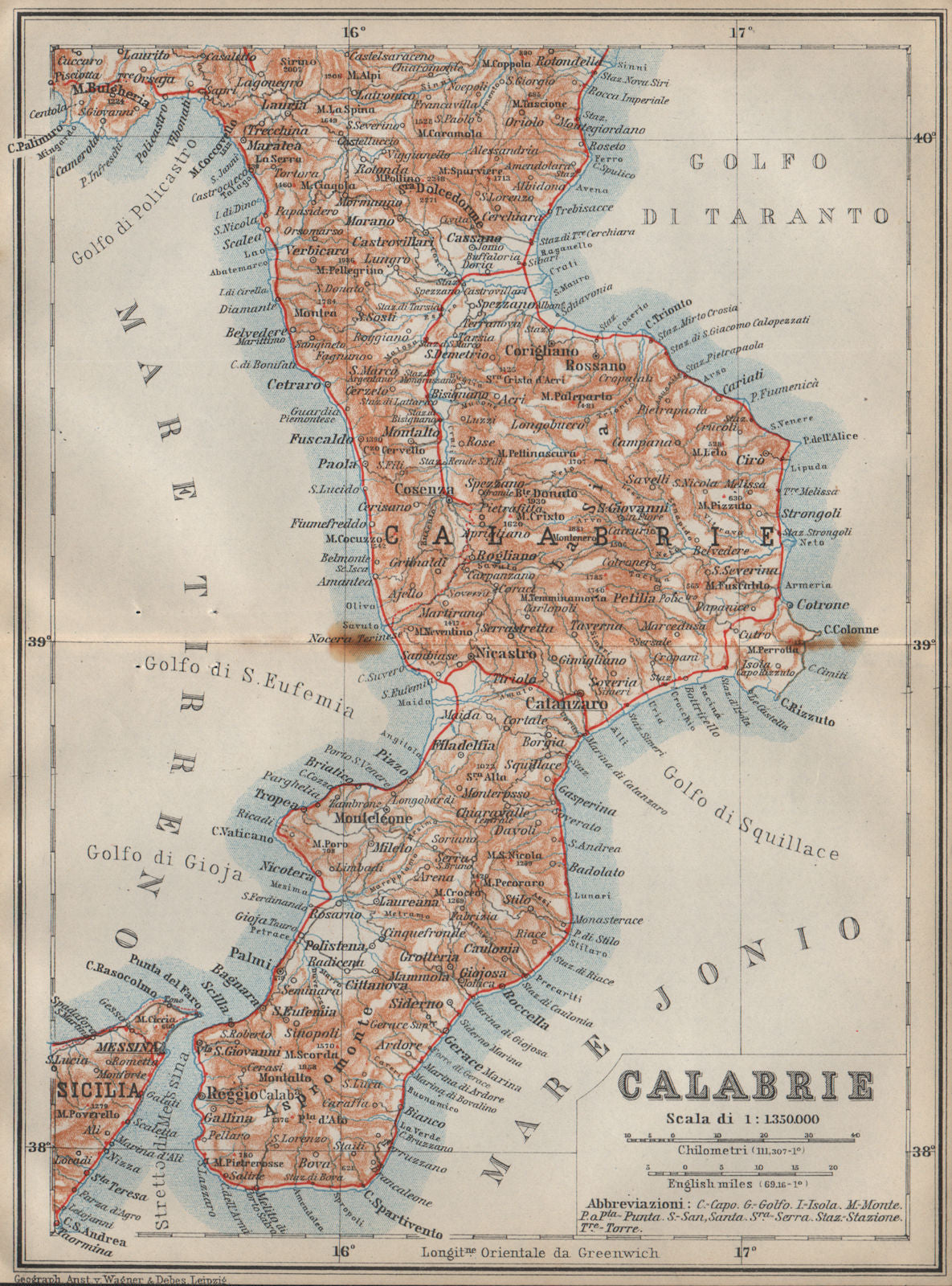 CALABRIA. CALABRIE. General map. Italy mappa. BAEDEKER 1912 old antique ...