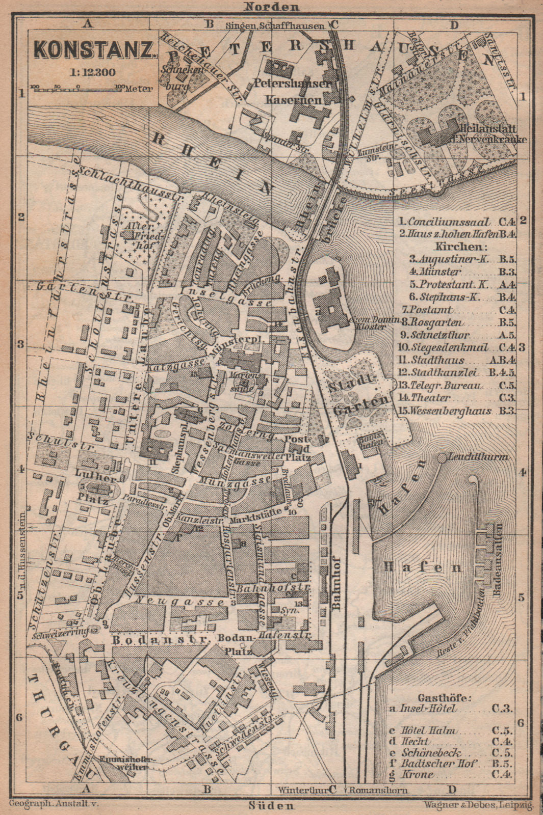CONSTANCE. KONSTANZ. town city stadtplan. Germany karte. BAEDEKER 1893 ...