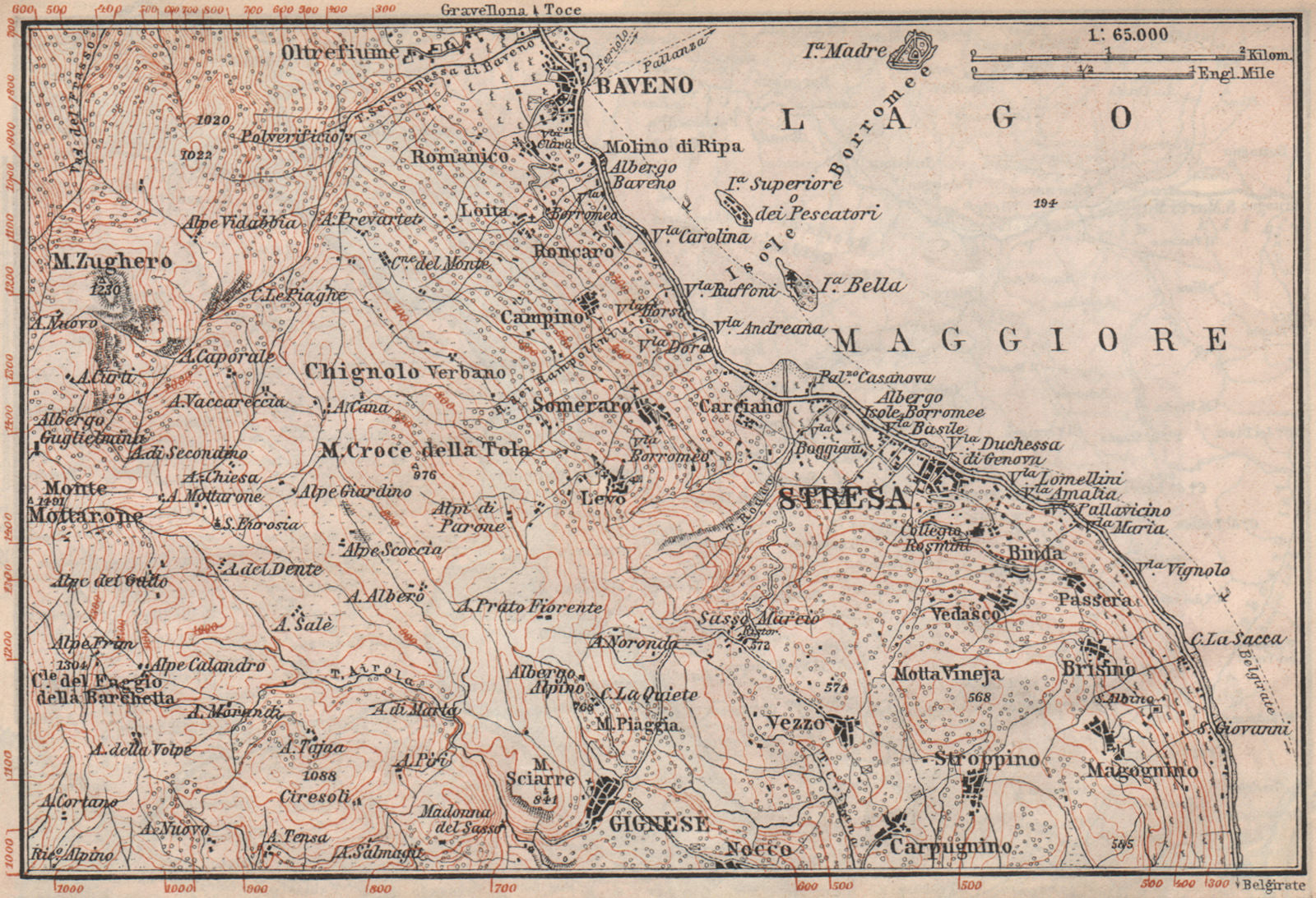 STRESA ENVIRONS. Baveno Gignese. Italy mappa. BAEDEKER 1897 old antique ...
