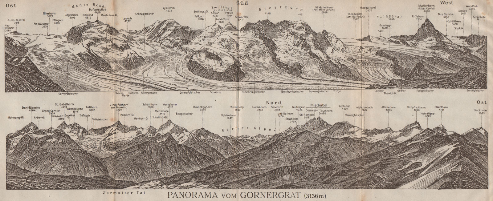 GORNERGRAT PANORAMA. Zermatt Monte Rosa Breithorn Matterhorn Mischabel ...