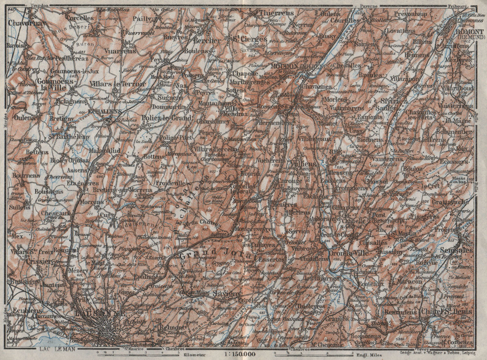PAYS DE VAUD North. Lausanne Moudon Romont Jorat Moudon Echallens 1928 ...