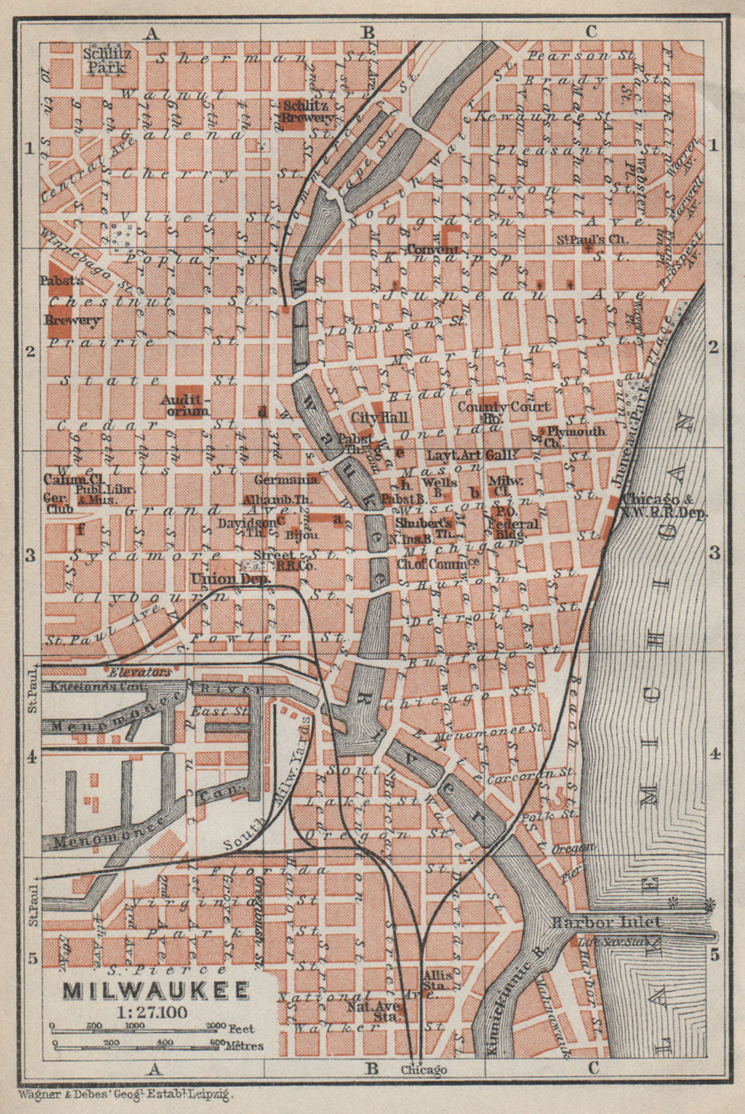 MILWAUKEE antique town city plan. Wisconsin. BAEDEKER 1909 old map ...