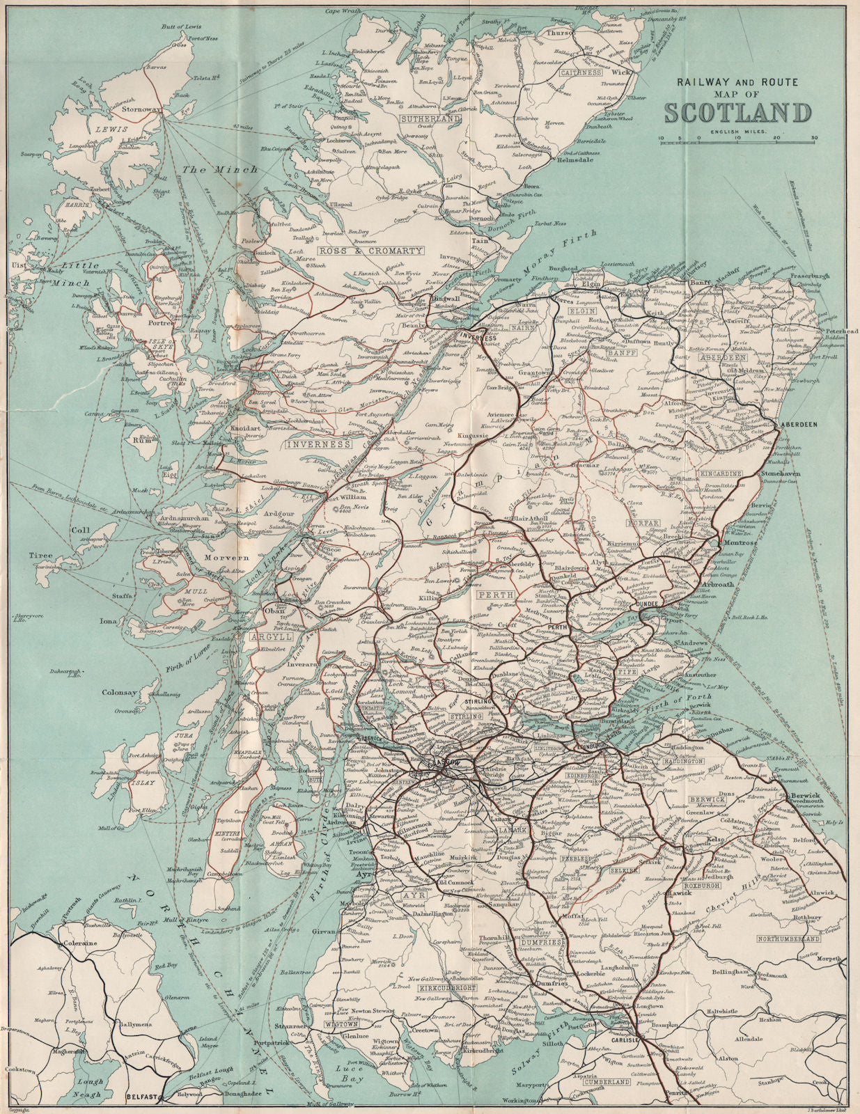 Railway and Route map of SCOTLAND. BARTHOLOMEW 1908 old antique plan ...