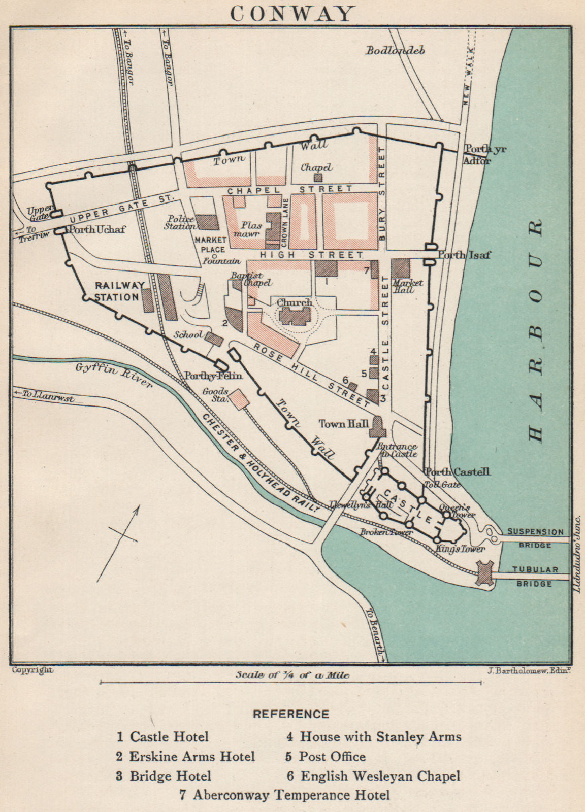 CONWAY town/city plan. Wales. BARTHOLOMEW 1902 old antique map chart ...