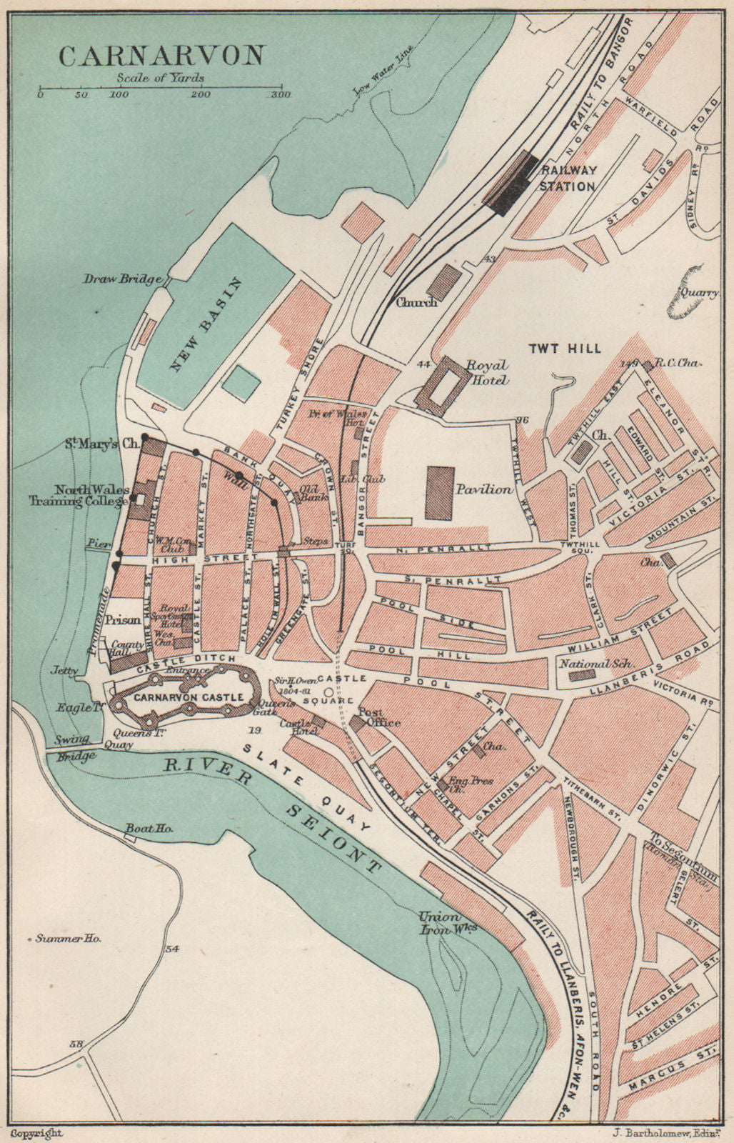 CARNARVON town/city plan. Wales. BARTHOLOMEW 1902 old antique map chart ...