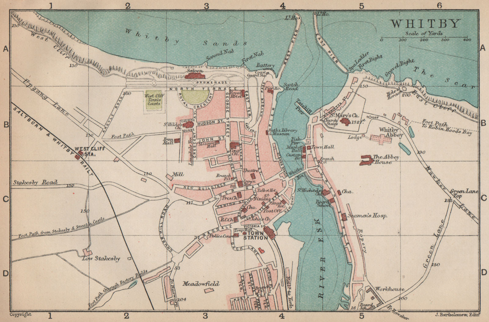 WHITBY town/city plan. Yorkshire. BARTHOLOMEW 1893 old antique map ...