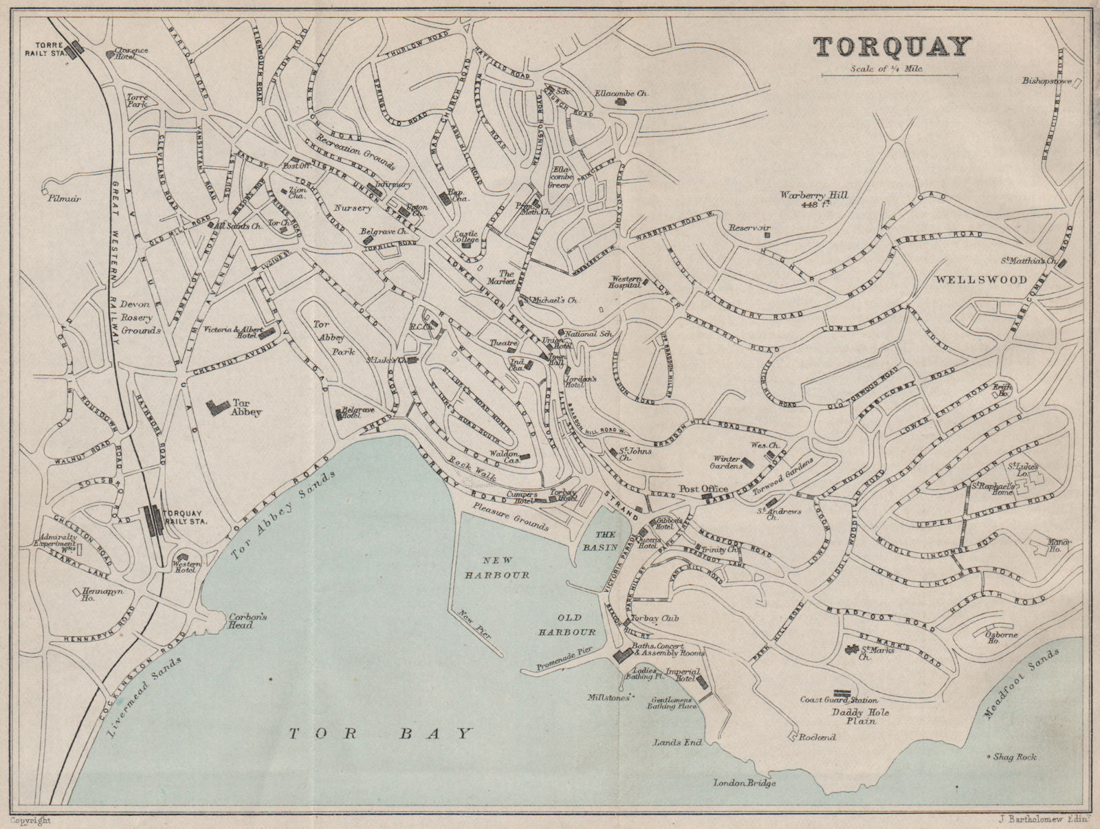TORQUAY town/city plan. Devon. BARTHOLOMEW 1892 old antique map chart ...