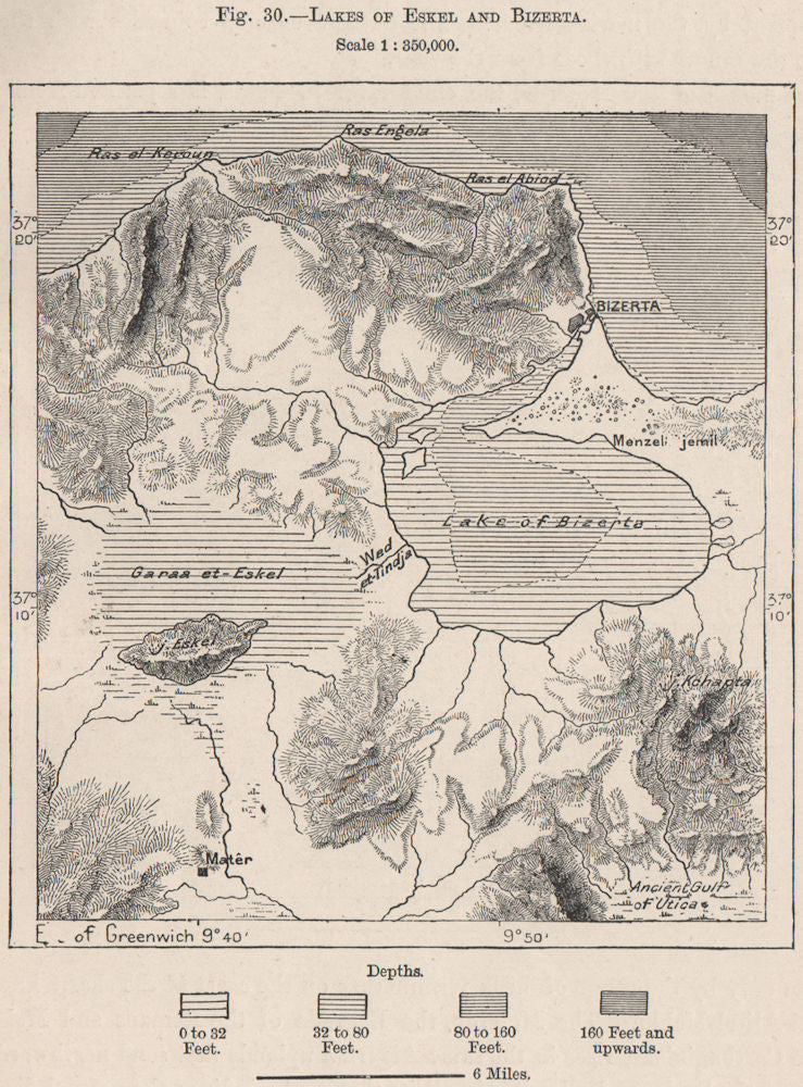 Lakes of Eskel and Bizerta (Bizerte) . Tunisia 1885 old antique map ...