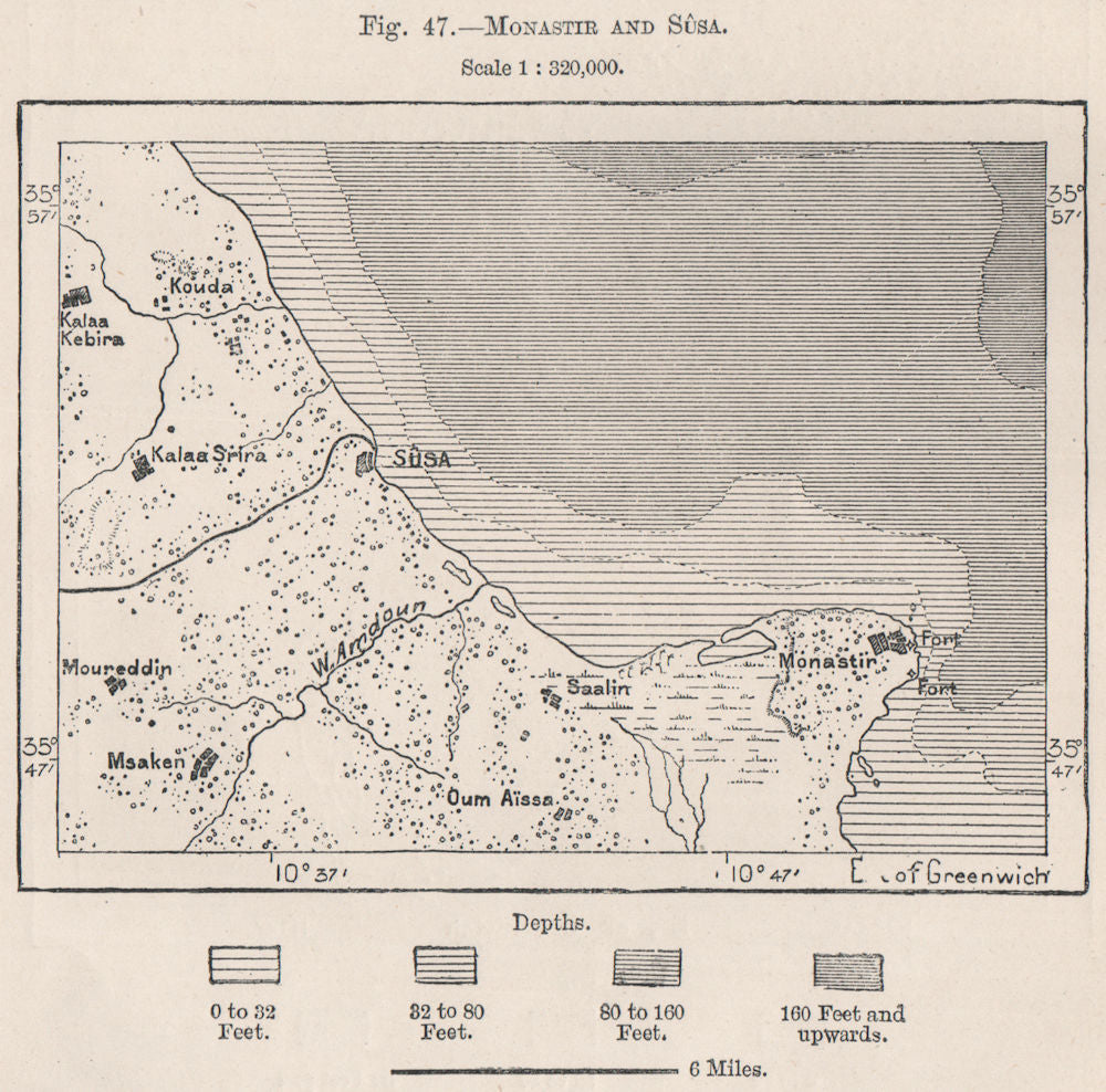 Monastir and Sûsa/Sousse (Soussa) . Tunisia 1885 old antique map plan ...