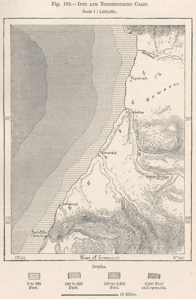 Sidi Ifni, Agadir & neighbouring coast. Morocco 1885 old antique map ...
