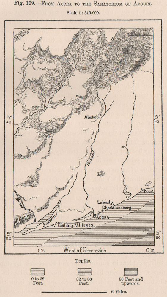 From Accra to the Sanatorium of Aburi. Ghana 1885 old antique map plan ...