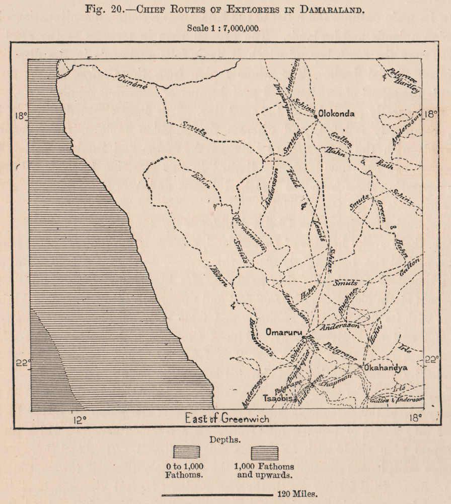 Chief routes of explorers in Damaraland. Namibia 1885 old antique map ...