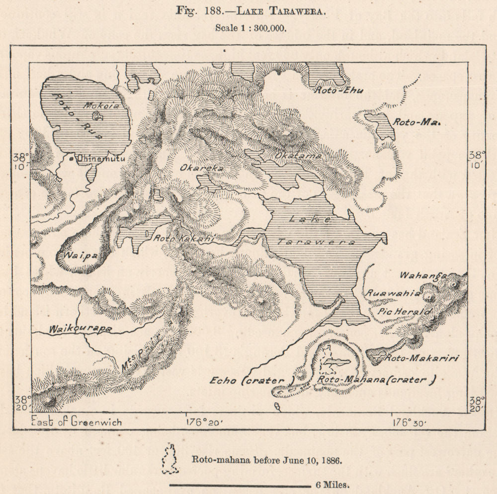 Lake Tarawera. New Zealand 1885 old antique vintage map plan chart ...