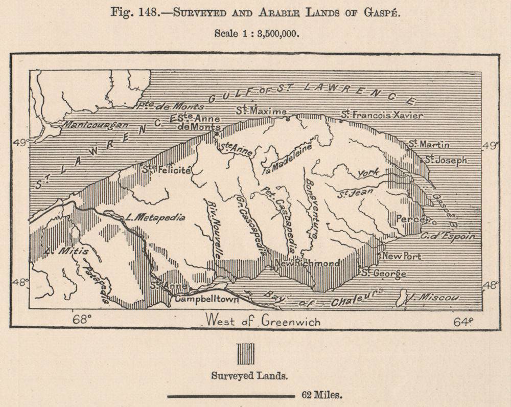 Surveyed and Arable lands of Gaspé. Canada 1885 old antique map plan ...