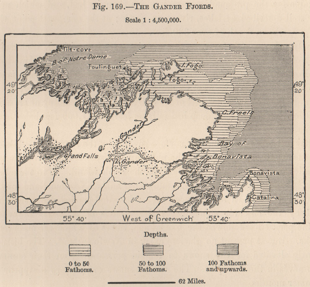 The Gander Fjords. Canada 1885 old antique vintage map plan chart ...