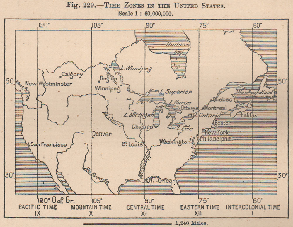 Times Zones in the United States. USA 1885 old antique vintage map plan ...