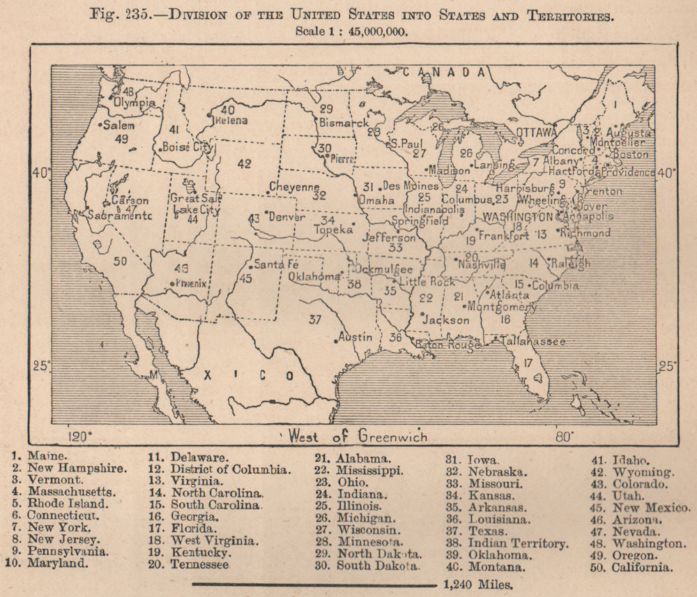 Division of the United States into States and Territories. USA 1885 old ...