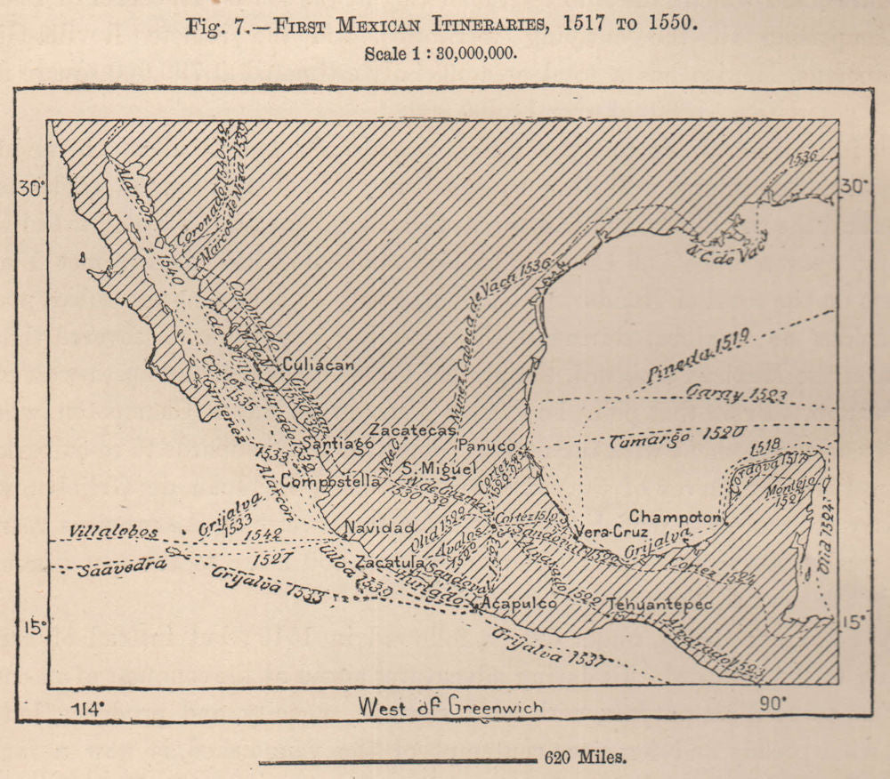 First Mexican exploration Itineraries, 1517 to 1550. Mexico 1885 old ...