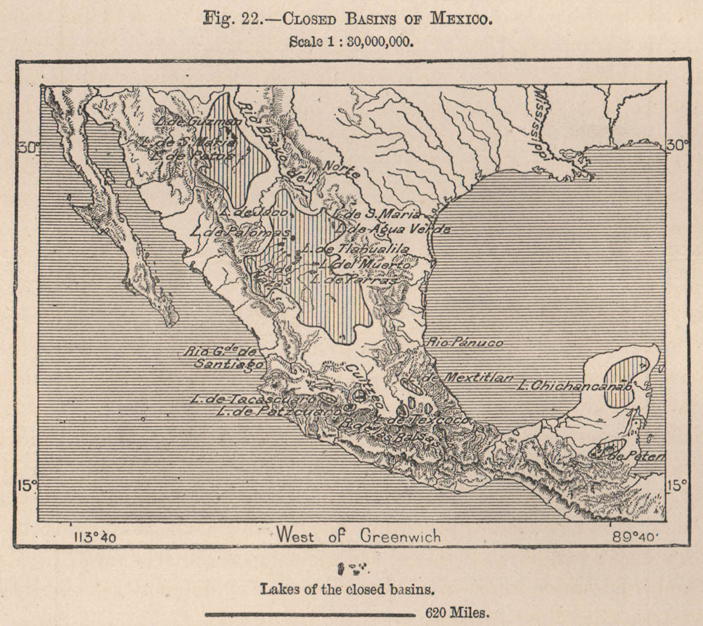 Closed Basins of Mexico 1885 old antique vintage map plan chart ...