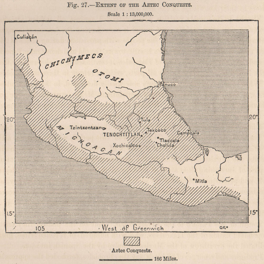 Extent of the Aztec conquests. Mexico 1885 old antique vintage map plan ...