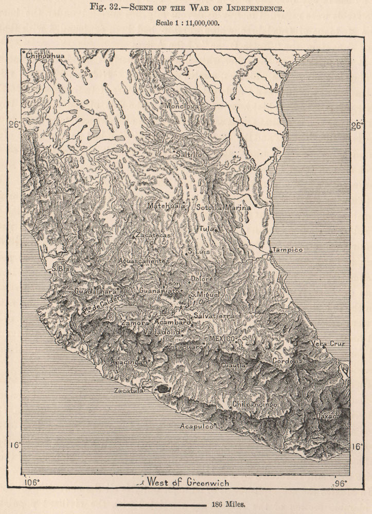 Scene of the war of independence. Mexico 1885 old antique map plan ...