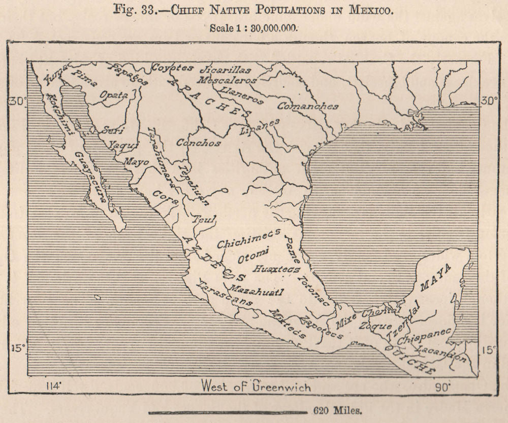 Chief native populations in Mexico 1885 old antique vintage map plan ...