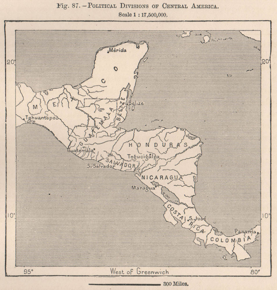 Political divisions of Central America 1885 old antique vintage map ...