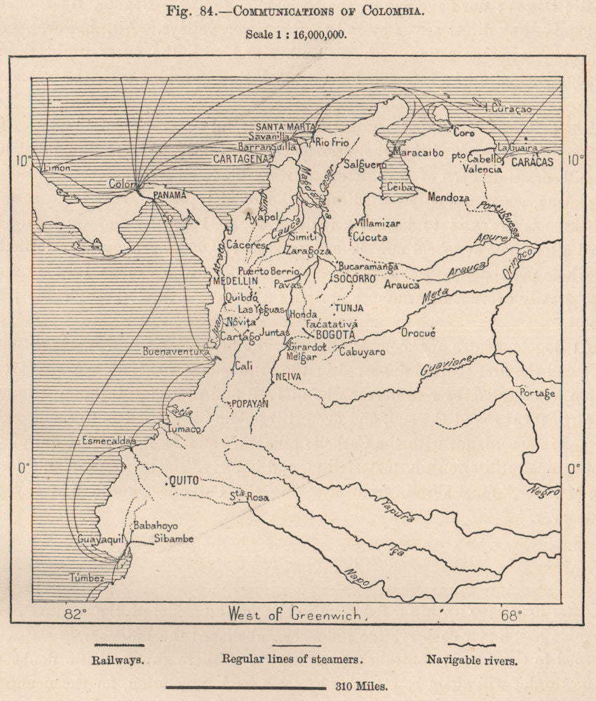Communications of Colombia 1885 old antique vintage map plan chart ...