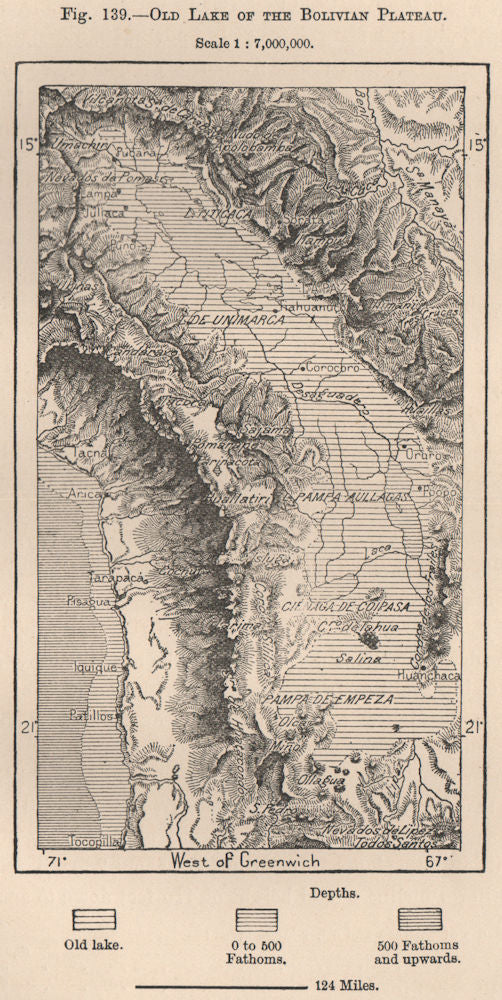 Ancient Lake of the Bolivian Plateau 1885 old antique vintage map plan ...