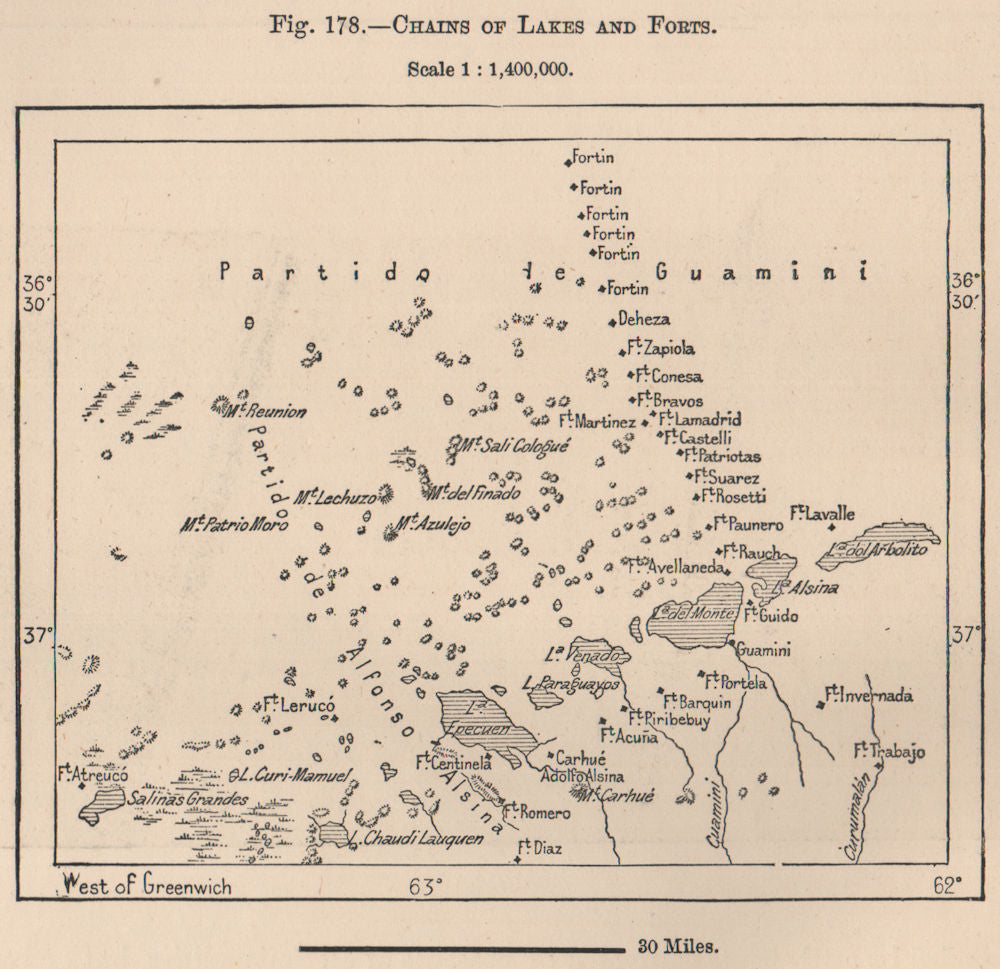 Chains of lakes and forts. Argentina 1885 old antique vintage map plan ...