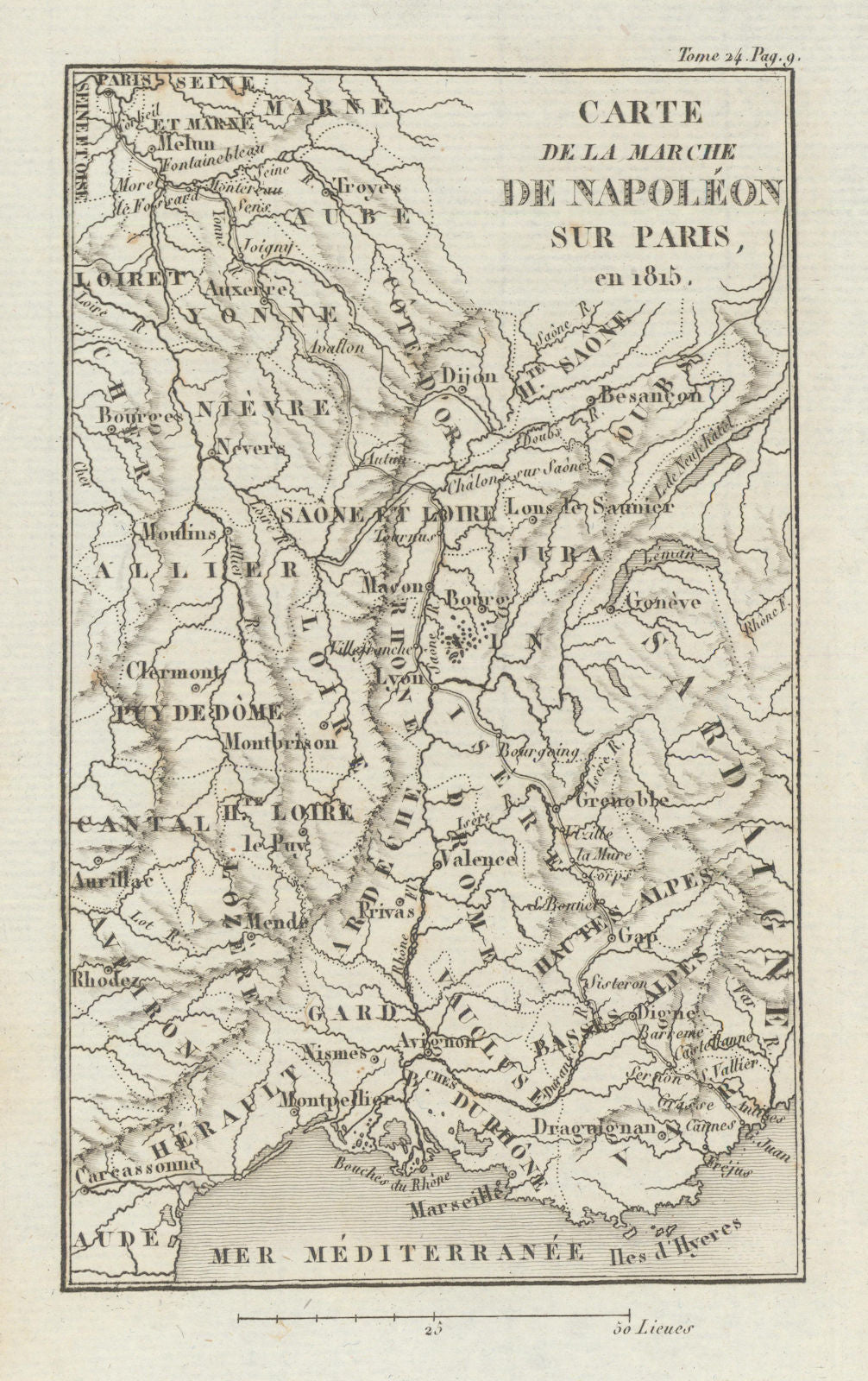 Map of Napoleon's march on Paris in 1815. France 1821 old antique chart ...