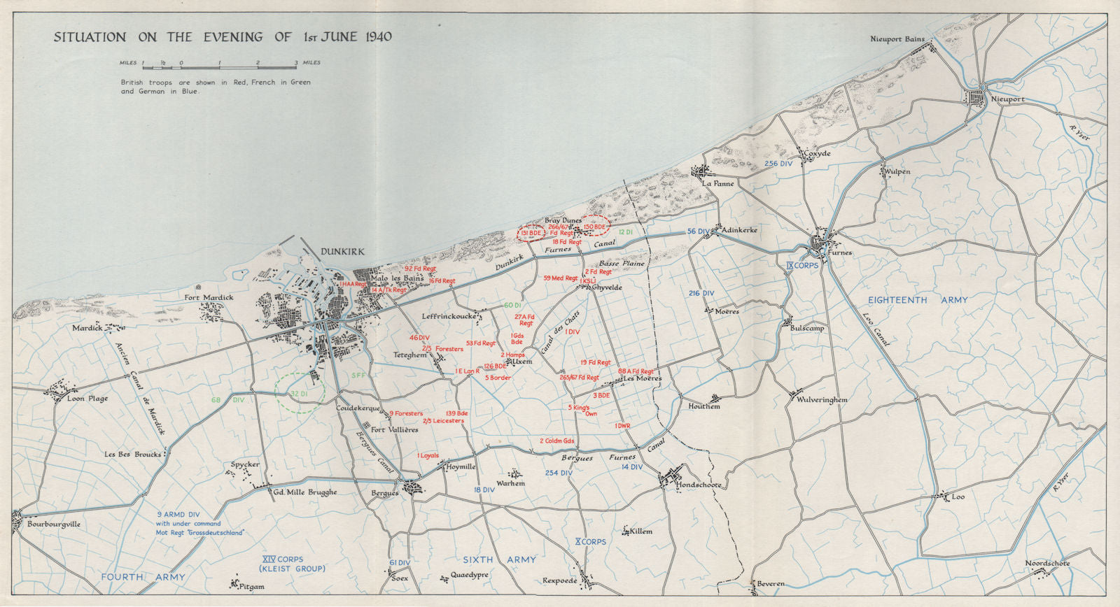 DUNKIRK EVACUATION. 1 June 1940 troop positions. Operation Dynamo. HMSO ...