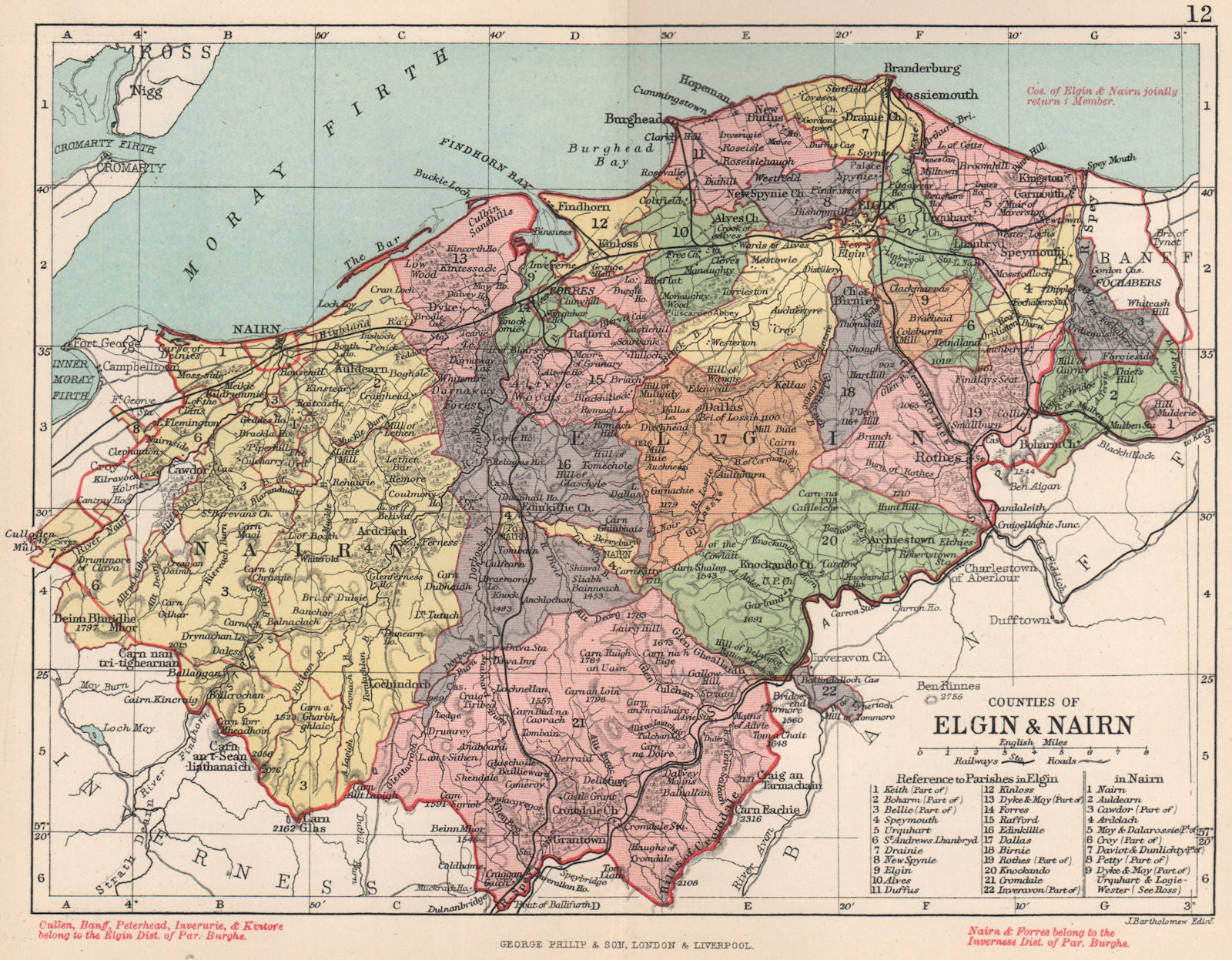 'Counties of Elgin & Nairn'. Elginshire & Nairnshire. BARTHOLOMEW 1891 ...