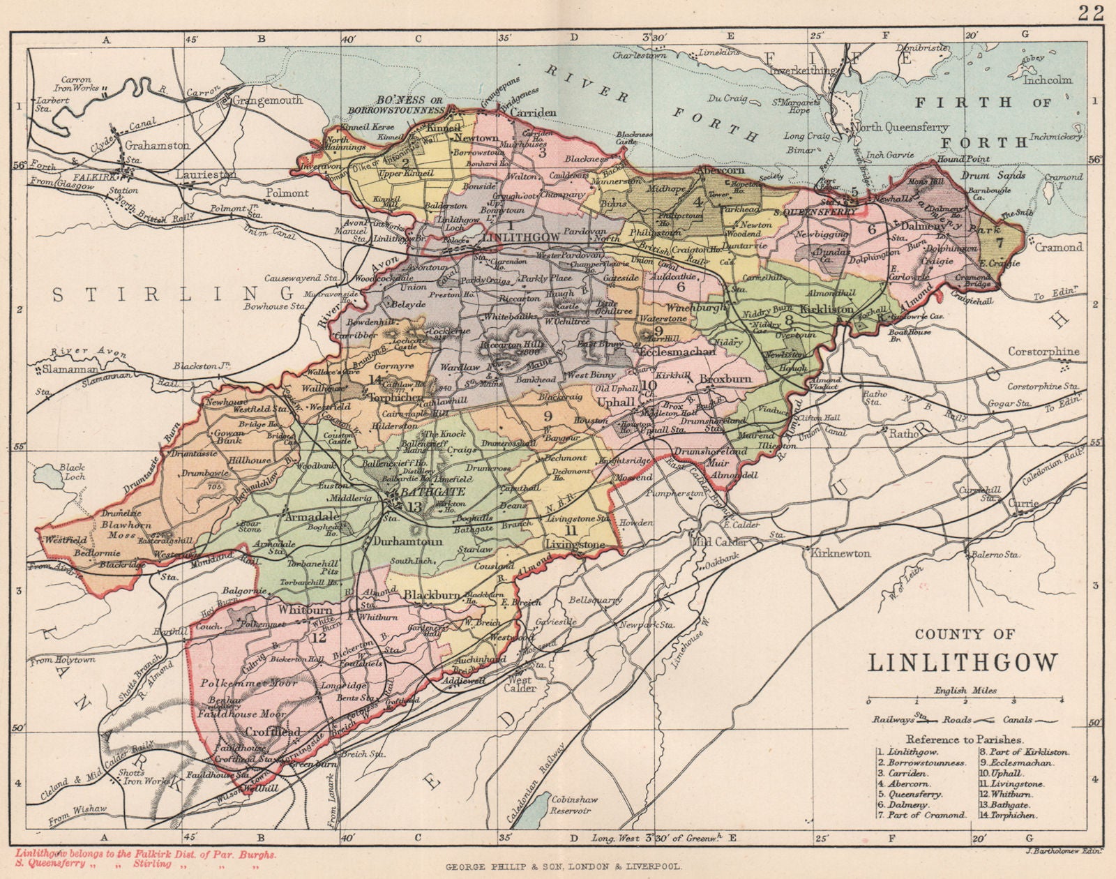 'County of Linlithgow'. Linlithgowshire. Parishes. BARTHOLOMEW 1891 old ...