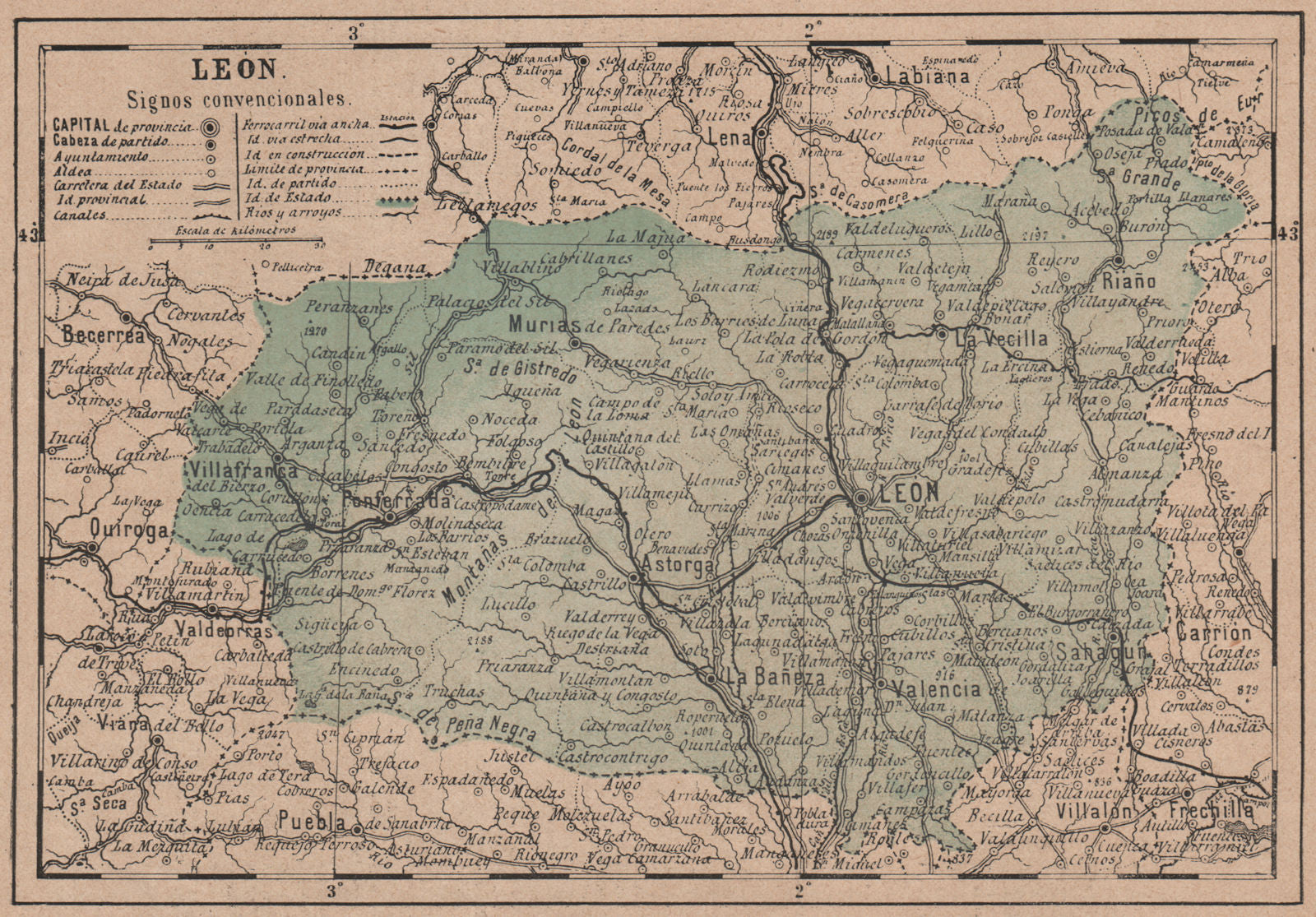 LEÓN. Leon. Castilla y León. Mapa antiguo de la provincia 1908 old ...