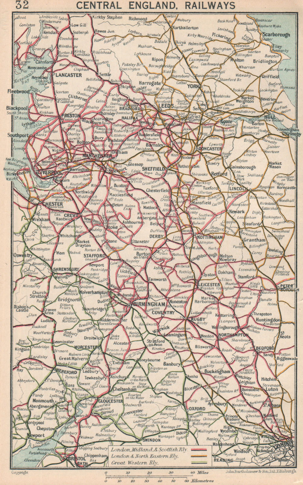 Central England Railways. LNER GWR LMS 1927 old vintage map plan chart ...