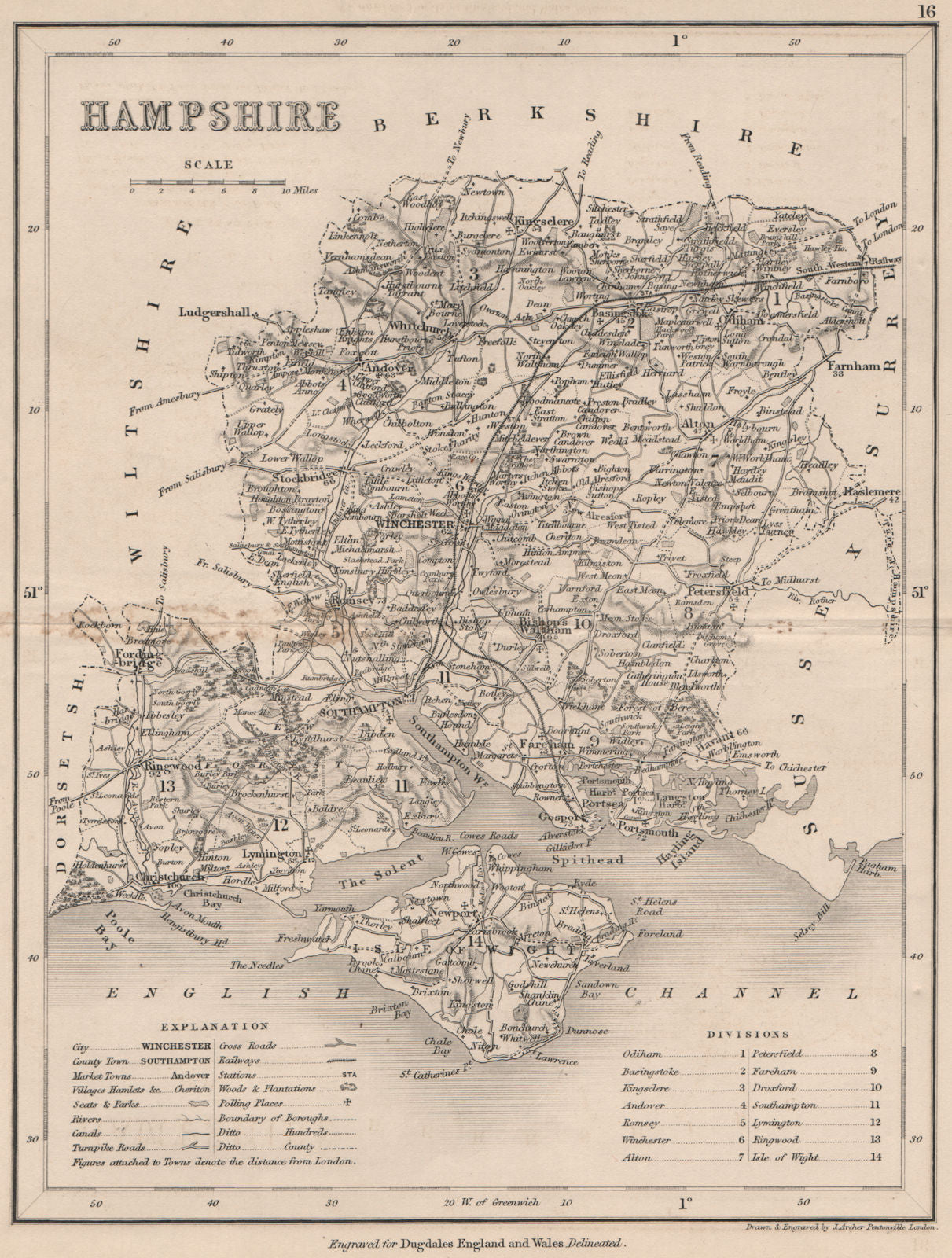 HAMPSHIRE county map by DUGDALE/ARCHER. Seats canals polling places ...