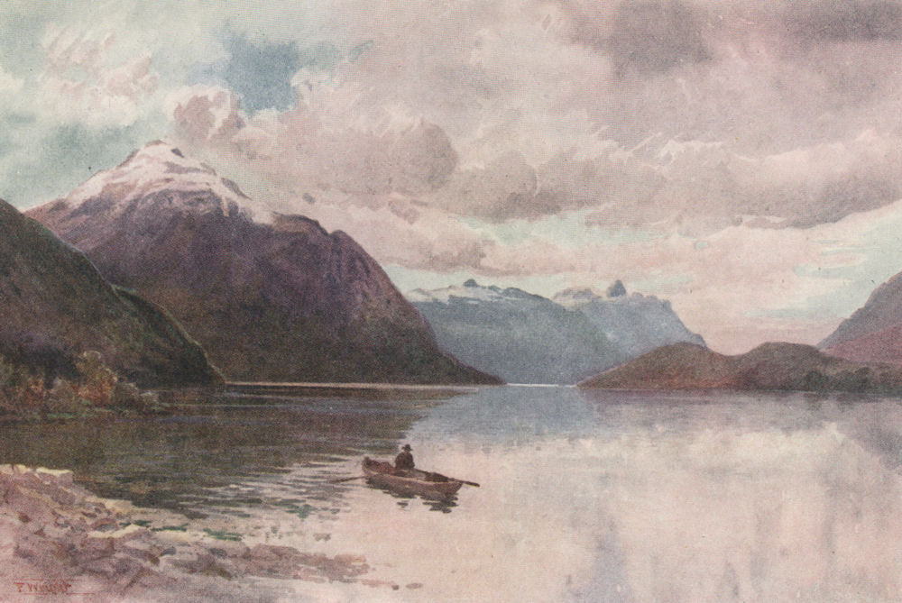 'Manapouri' by Frank Wright. New Zealand 1908 old antique print picture ...