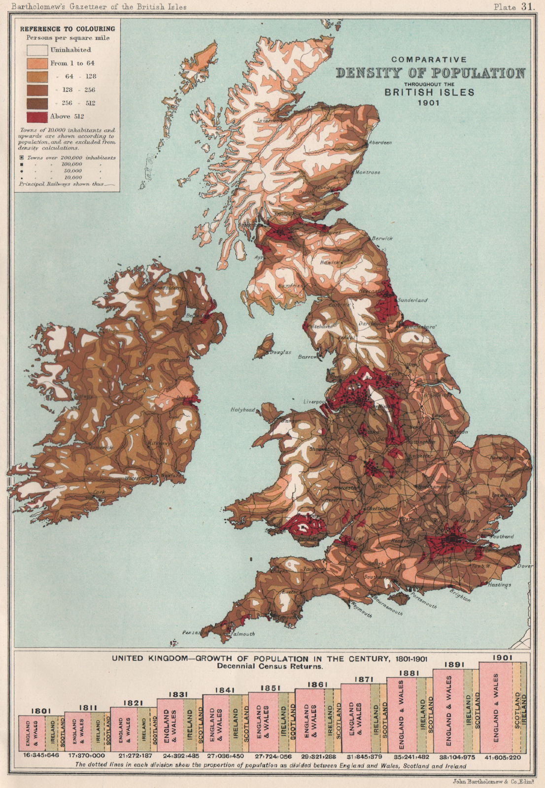 BRITISH ISLES. Population density in 1901. BARTHOLOMEW 1904 old antique ...
