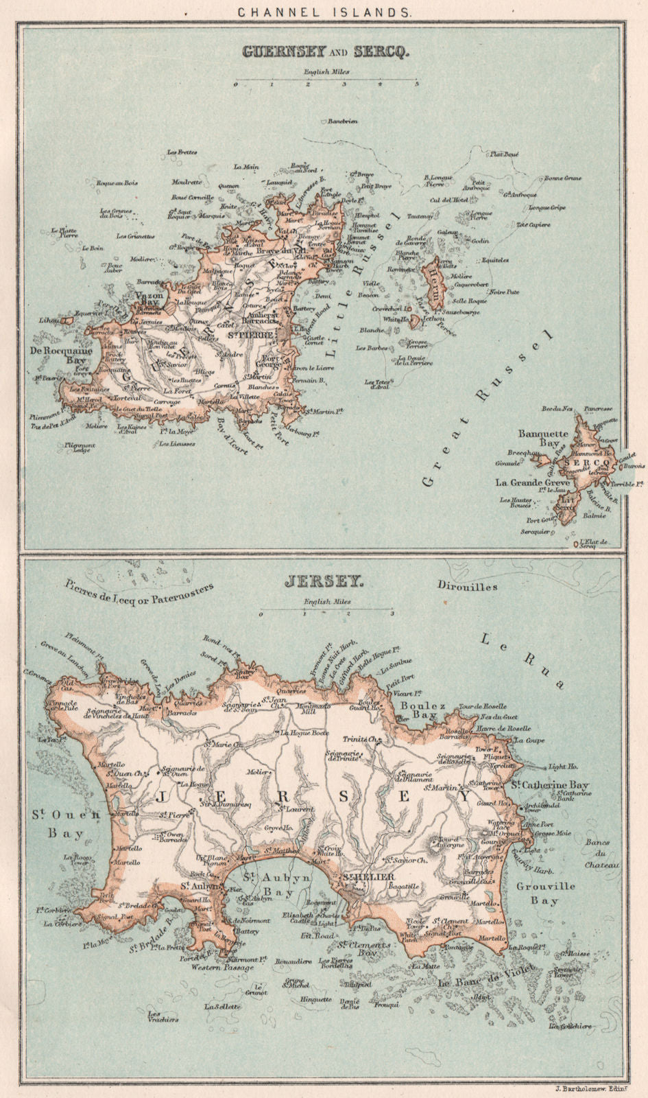 CHANNEL ISLANDS. Guernsey and Sark. Jersey. BARTHOLOMEW 1886 old ...