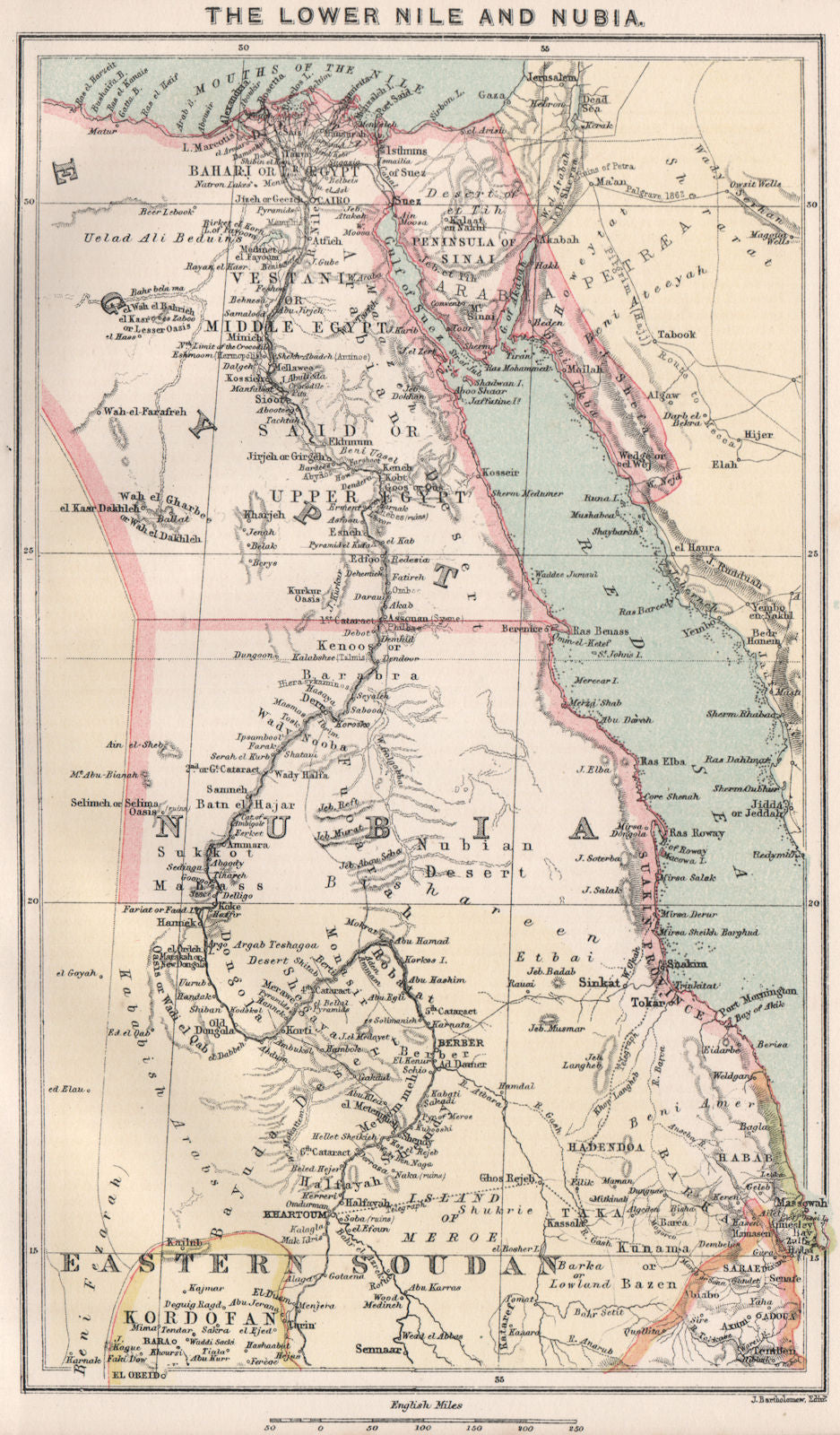 The lower Nile and Nubia. Egypt. Red Sea. BARTHOLOMEW 1886 old antique ...