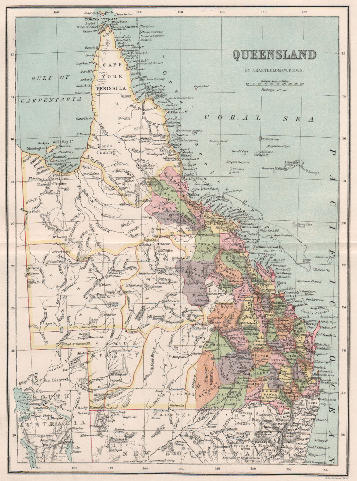 Queensland state map with counties. BARTHOLOMEW 1886 old antique chart ...