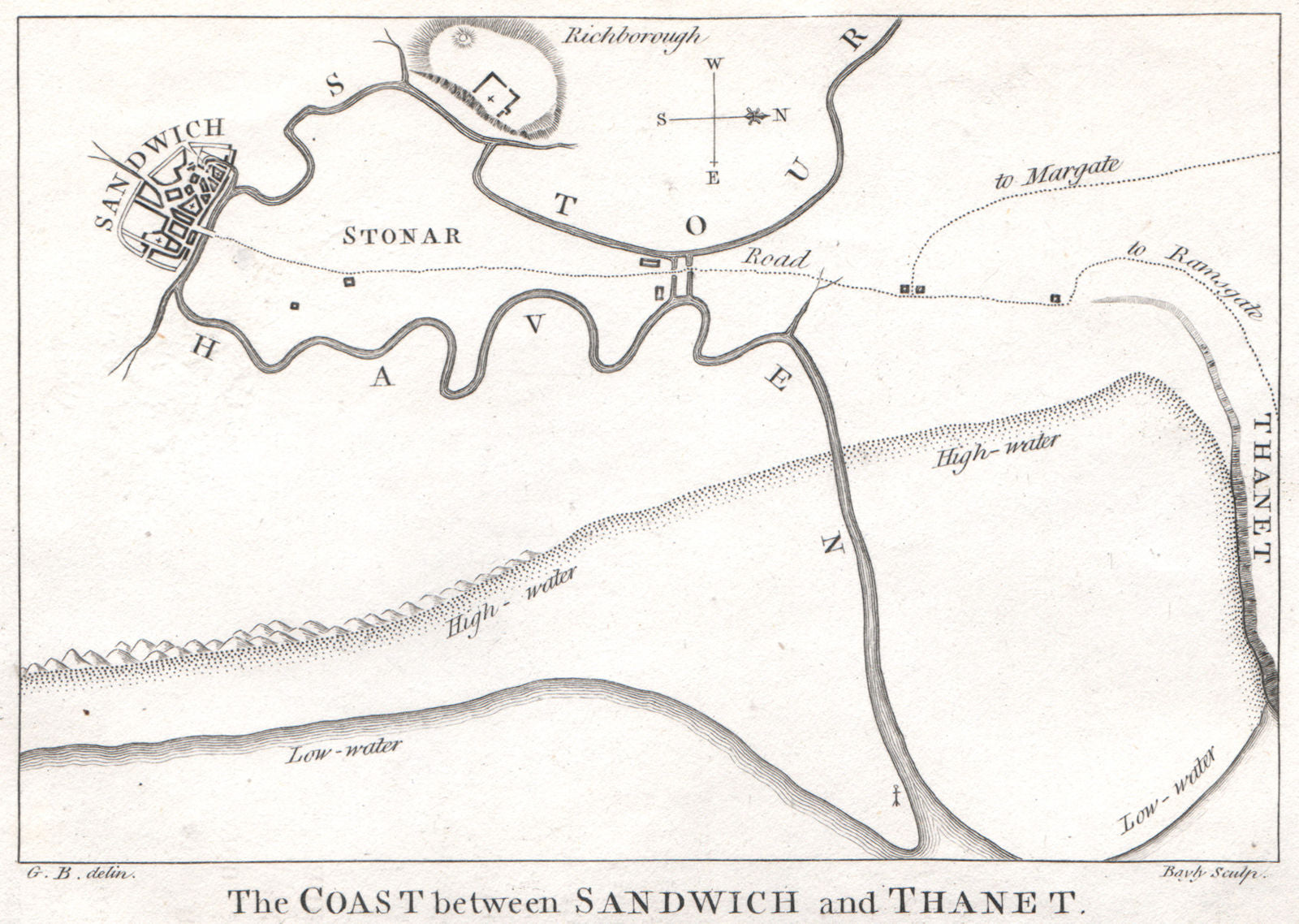 SANDWICH, KENT. 'The coast between Sandwich and Thanet'. GOSTLING 1825 ...